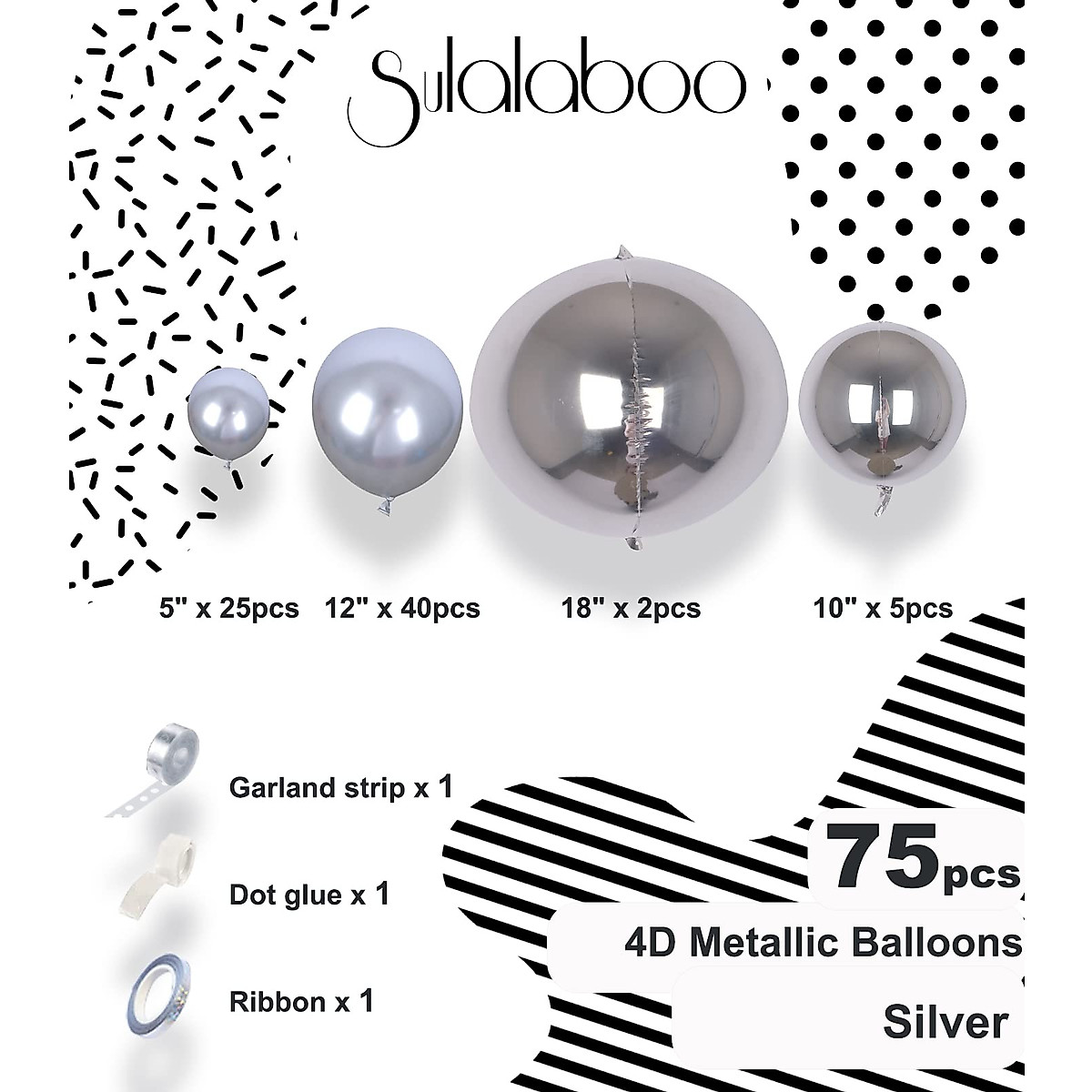 SULALABOO Silver Metallic Balloons Arch Garland Kit 75PCS Shiny Helium Latex Chrome Shiny Different Size Balloon Set for Birthday Anniversary Baby Shower Wedding Party Decorations