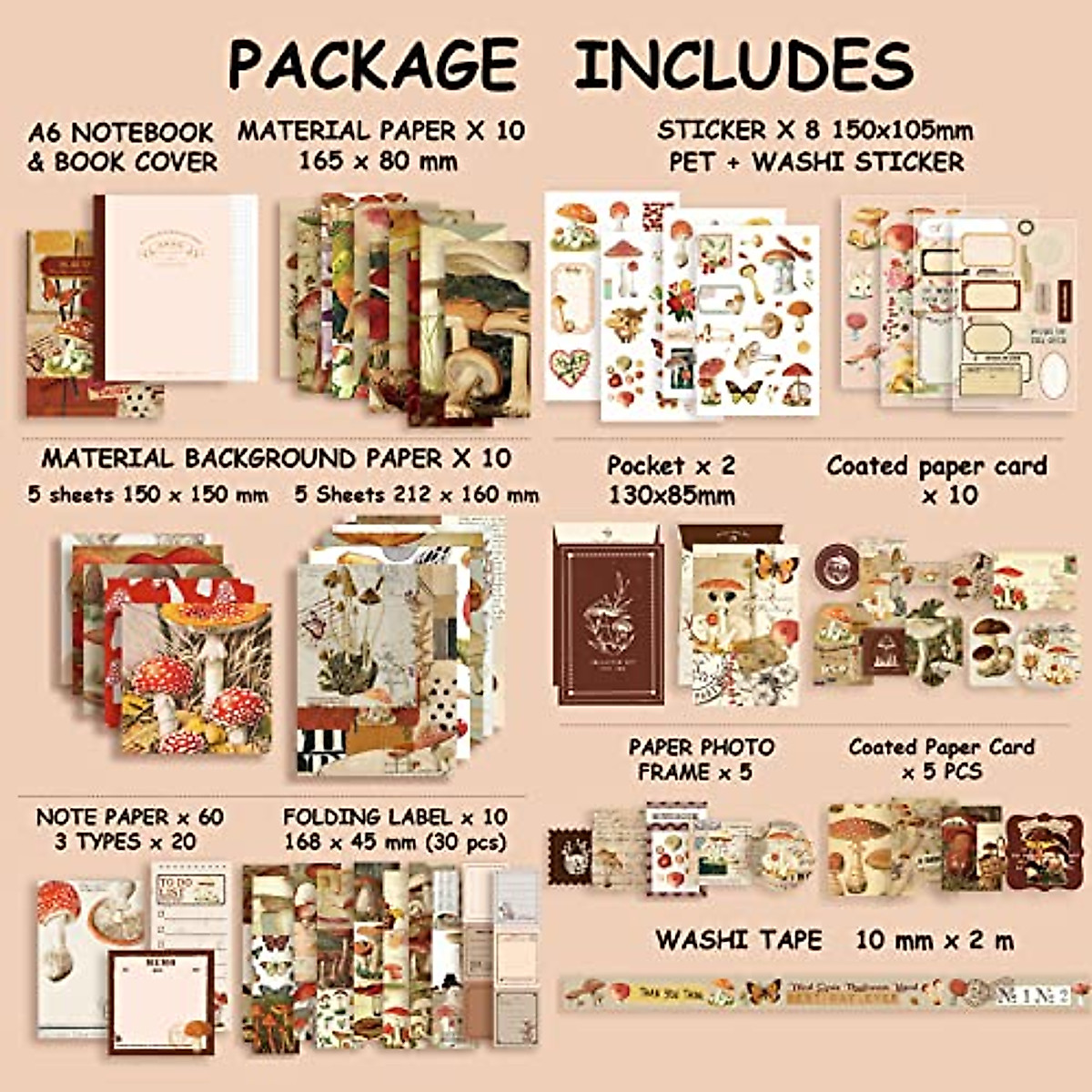 Aesthetic Scrapbook Kit, Scrapbooking Supplies Stickers, Bullet Junk Journal Kit Journaling Stationery, A6 Grid Notebook, Mushroom DIY Journaling Supplies, Scrapbook Gift for Teen Girl Kid Women