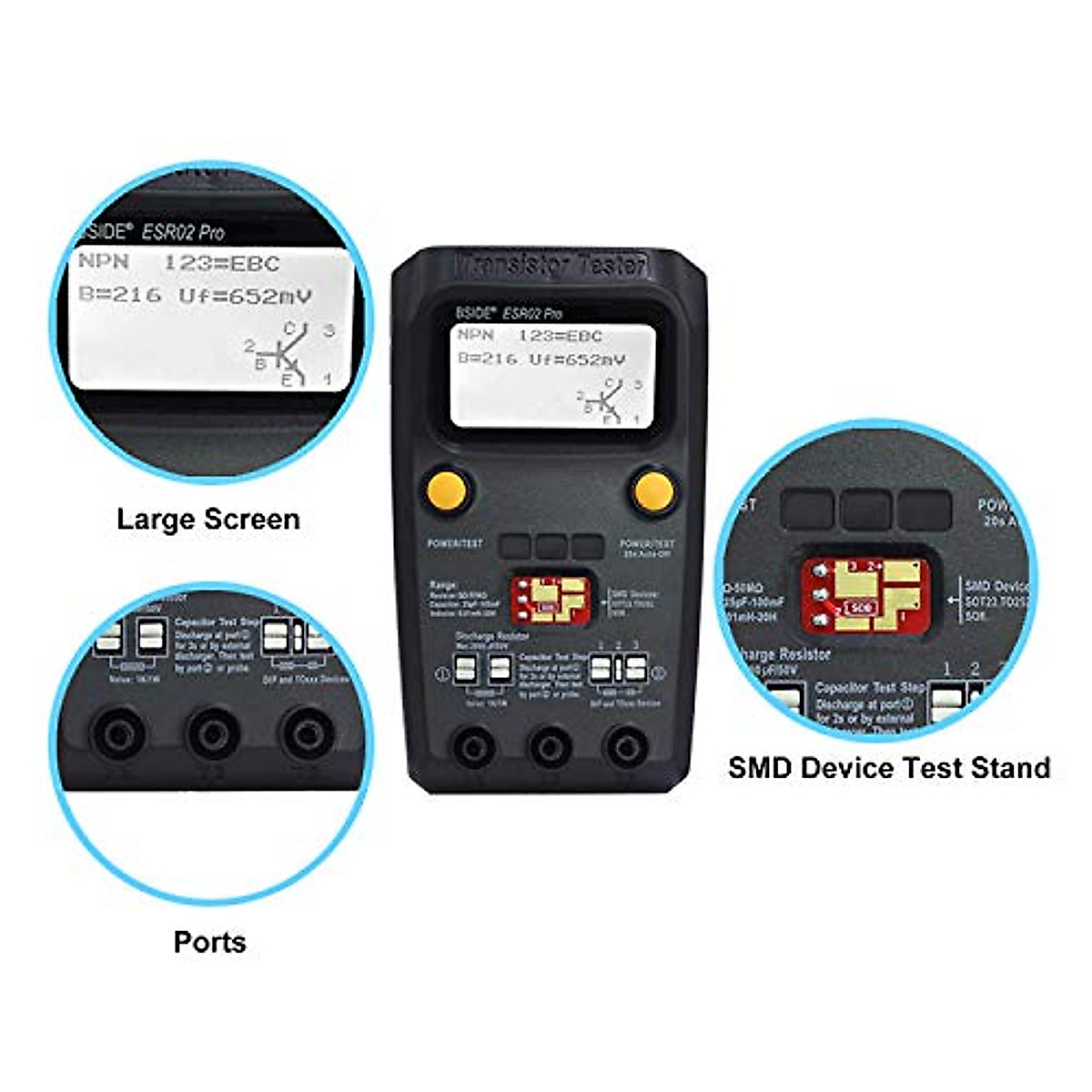 BSIDE ESR02 PRO Digital Transistor Tester SMD Components Meter Mega328 NPN/PNP Diode Triode Capacitor Inductance ESR Checker with Tweezers