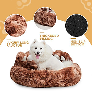 PETART Cute Dog Bed, Fluffy Cozy Bear Paw Shape Plush Round Cat Bed for Small, Medium Dogs & Large Cats,Comfortable Sleeping Puppy Cushion, Ideal for Indoor Use（Black&Coffee,18inch