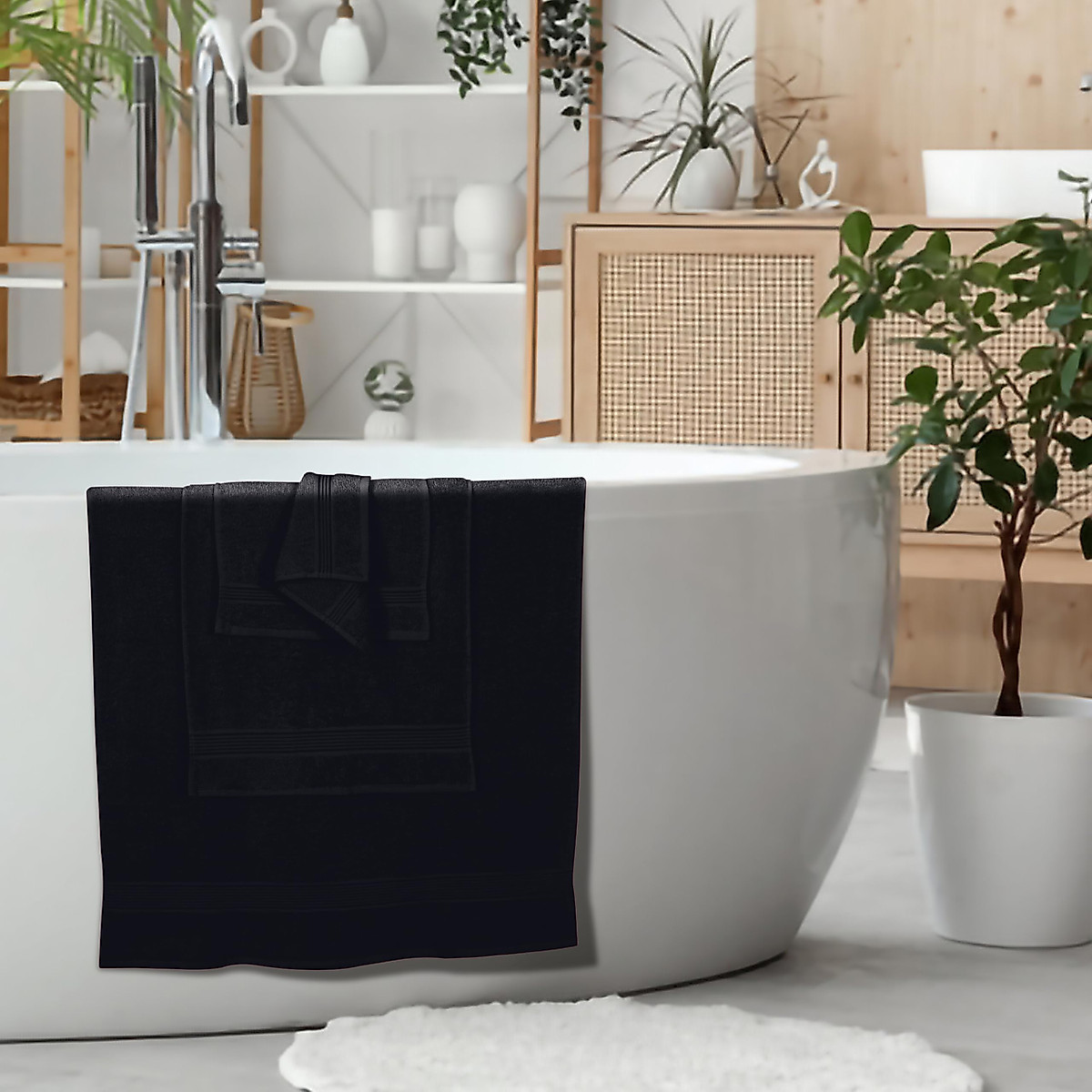 Elvana Home Ultra Soft 6 Pack Cotton Towel Set, Contains 2 Bath Towels 28x55 inch, 2 Hand Towels 16x24 inch & 2 Wash Coths 12x12 inch, Ideal for Everyday use, Compact & Lightweight - Black