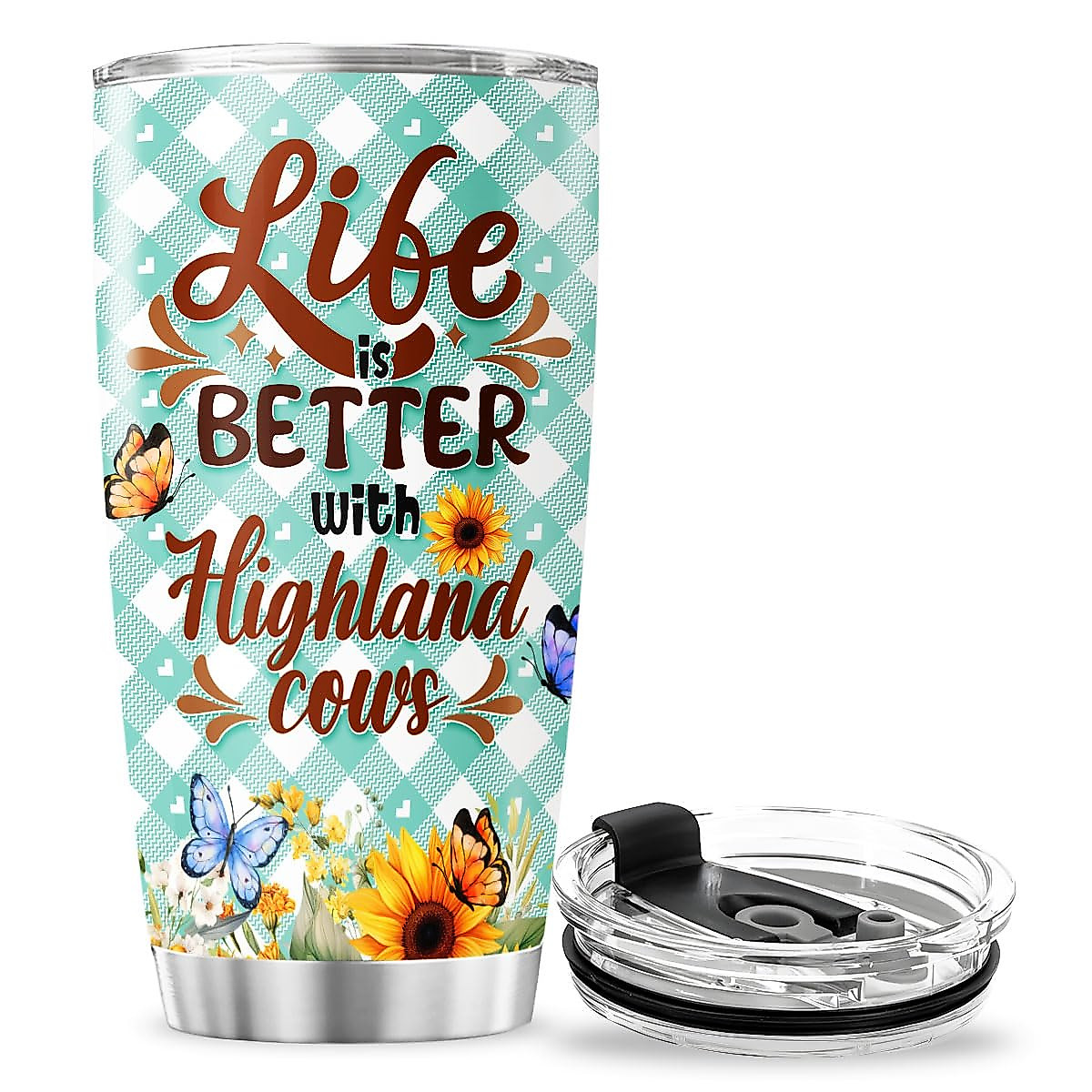 JENOIS Simply Flower Water Modern Handle Checkered Simple Sunflower Floral Cups, Highland Cow Gifts, Tumbler 20 Oz With Lid And Straw, Life Is Better Highland Cow