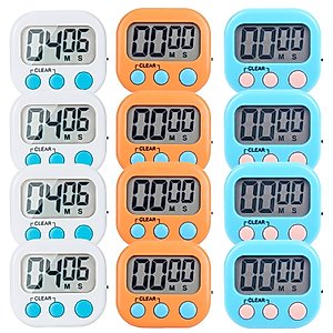 12 Pack Small Digital Kitchen Timer Magnetic Back and ON/Off Switch,Minute Second Count Up Countdown（White,Blue,Orange
