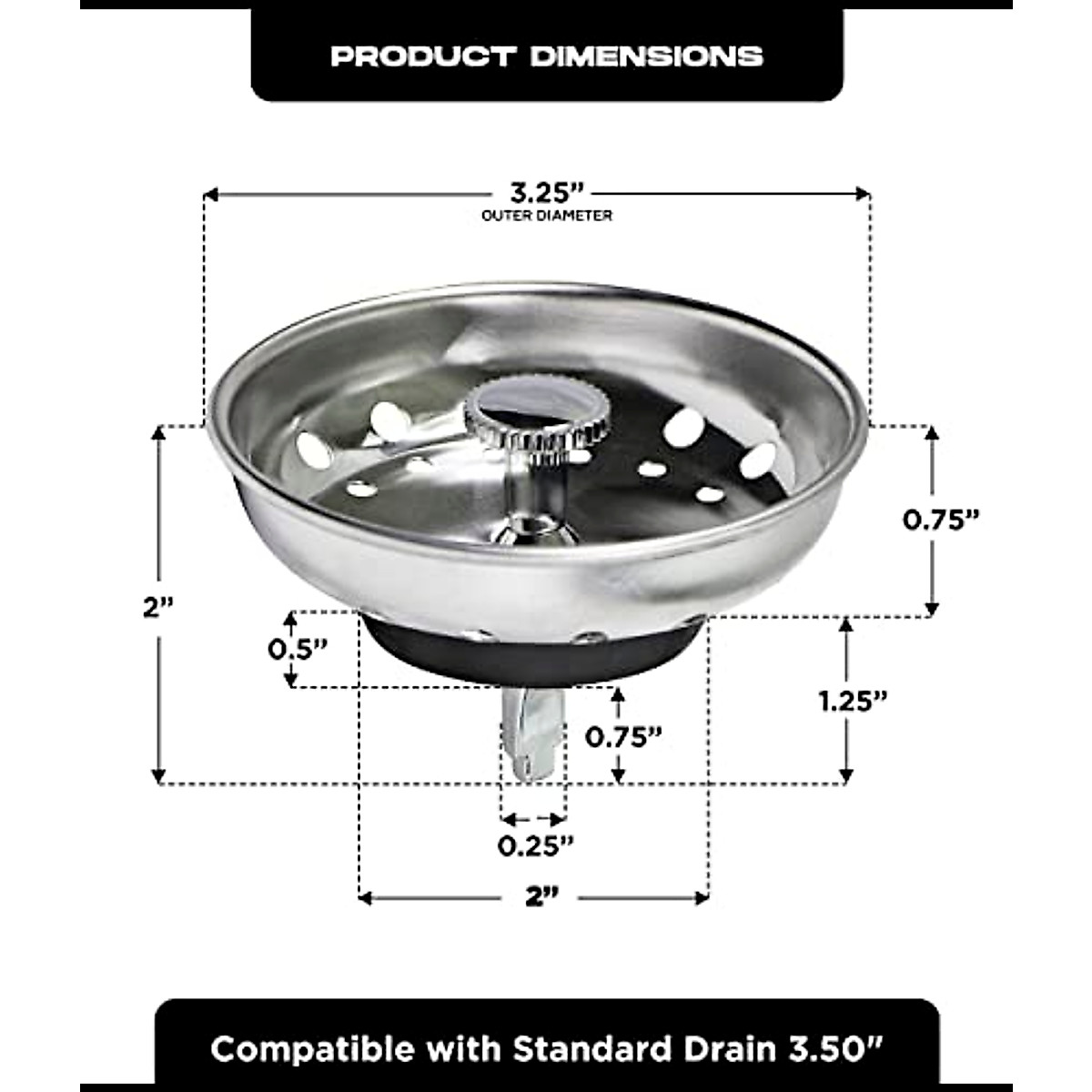 Highcraft FAUC97333-2 Kitchen Sink Basket Strainer Replacement for Standard Drains (3-1/2 Inch) Chrome Plated Stainless Steel Body With Rubber Stopper, Pack Of 2