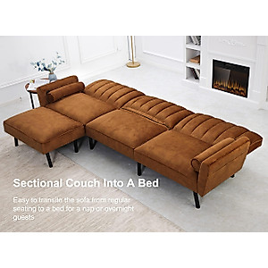 DURASPACE Velvet Sectional Convertible Sofa with Chaise, 106.5" L Shape Sectional Sofa Couch with USB, Split Back Folding Futon Couch for Living Room (Caramel Brown)
