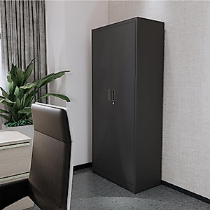 Metal Storage Cabinet with 2 Doors and 4 Shelves, Lockable Steel Storage Cabinet for Office, Garage, Warehouse, 70.86" H x 31.5" W x 15.75" D (Black)