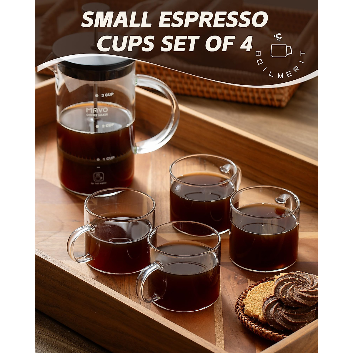 BOILMERIT Espresso Cups Set of 4, 5 oz Small Espresso Shot Glasses with Handle, Clear Espresso Coffee Mugs, Glass Demitasse Cups for Double Espresso or Tea, Coffee Machine, Espresso Accessories