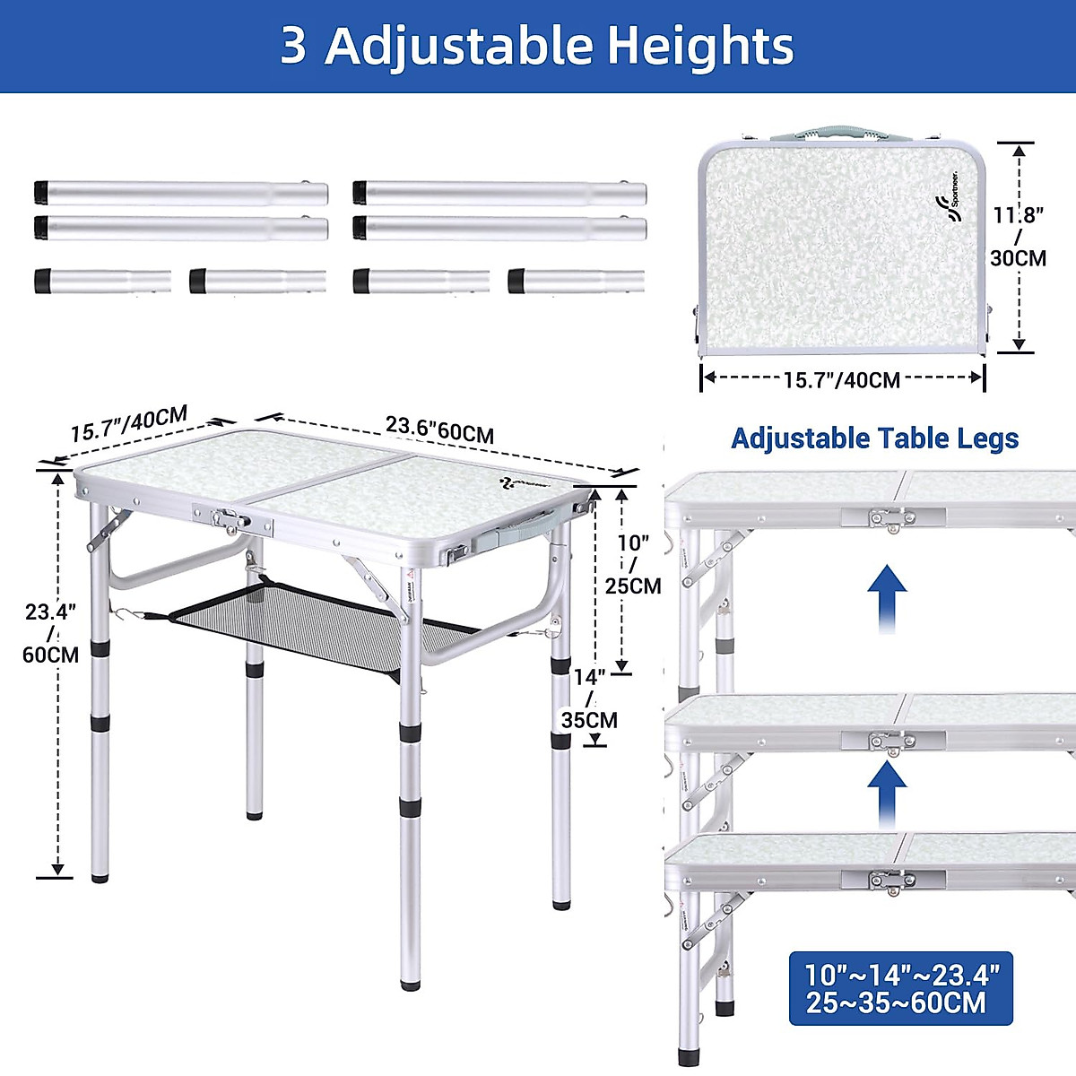 Sportneer Camping Table: Adjustable Height Small Folding Table 23.6" L x 15.7" W 3 Height with Mesh Layer - Compact & Portable Camping Essentials for Outdoor Camp Garden Picnic BBQ Dining Cooking