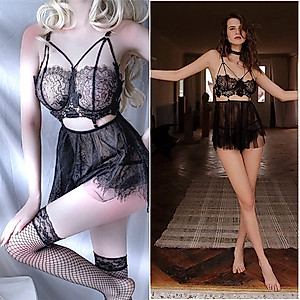 SPORCLO Plus Size Lingerie for Women Lace Black Babydoll Sexy Mesh High Waisted Nightdress Strappy Exotic Sleepwear (X-Large, Black)