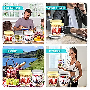 Alitake Overnight Oats Container with Lid and Spoon - 16 oz Glass Overnight Oats Jars with Measurement Mark - 4 Pcs Portable Large Capacity Airtight Mason Jars for Overnight Oats, Cereal, Milk, Fruit