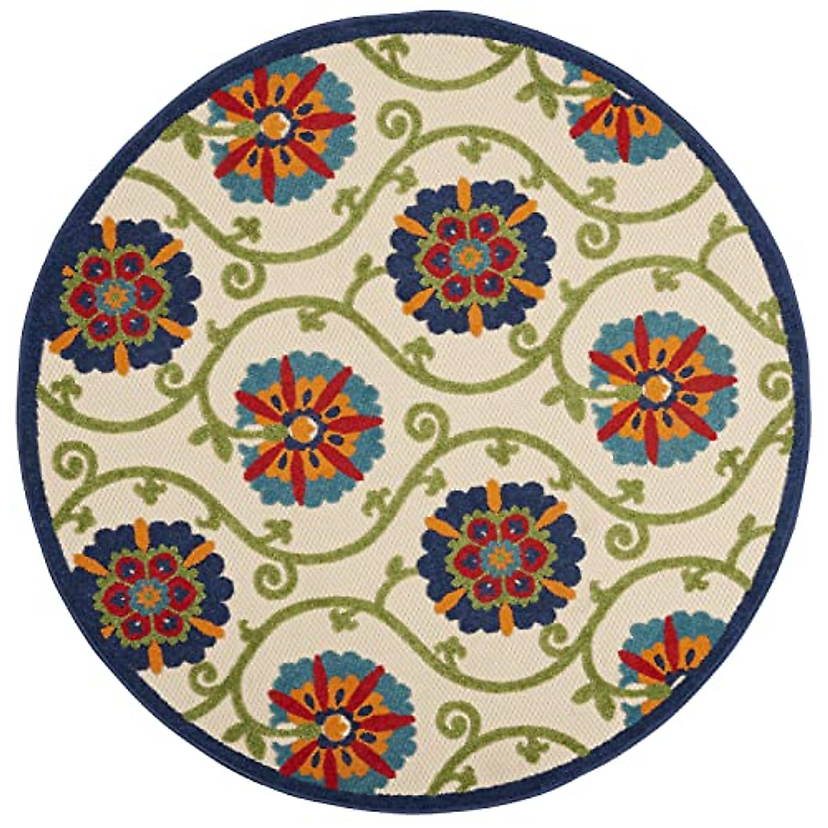 Nourison Aloha Indoor/Outdoor Blue/Multicolor 4' x ROUND Area -Rug, Easy -Cleaning, Non Shedding, Bed Room, Living Room, Dining Room, Deck, Backyard, Patio (4 Round)