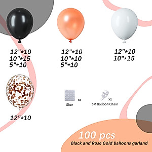 Rose Gold and Black Balloon Arch Garland Kit, 100pcs Rose Gold Black Balloons with Tape Strip & Dot Glue for Girl's Birthday Bridal Shower Mother's Day Wedding Graduation Prom Decorations Supplies