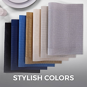 Home Genie Heat Resistant Placemats, Dining Room Table Mats, Protect Surfaces, Woven Placemat Setting for Dinner, Washable Vinyl Food Grade Mat, Kitchen Decor Accessories, Set of 4, Size 18x12, Silver