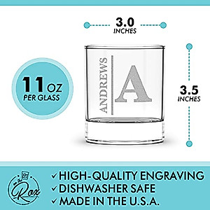 On The Rox Drinks Personalized Whiskey, Bourbon Glass Gifts for Men - 11 oz Engraved Name Monogram Scotch Glass Set of 2 - Customized Cocktail, Rocks, Brandy Glass