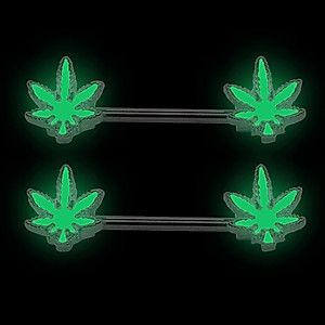 Pierce2GO 14G Nipple Piercing Surgical Stainless-Steel Set of 2 Barbell Glow in the Dark Marijuana Weed Cute Nipple Rings Nipple Piercing Jewelry for Women - 9/16" Barbell (Green)