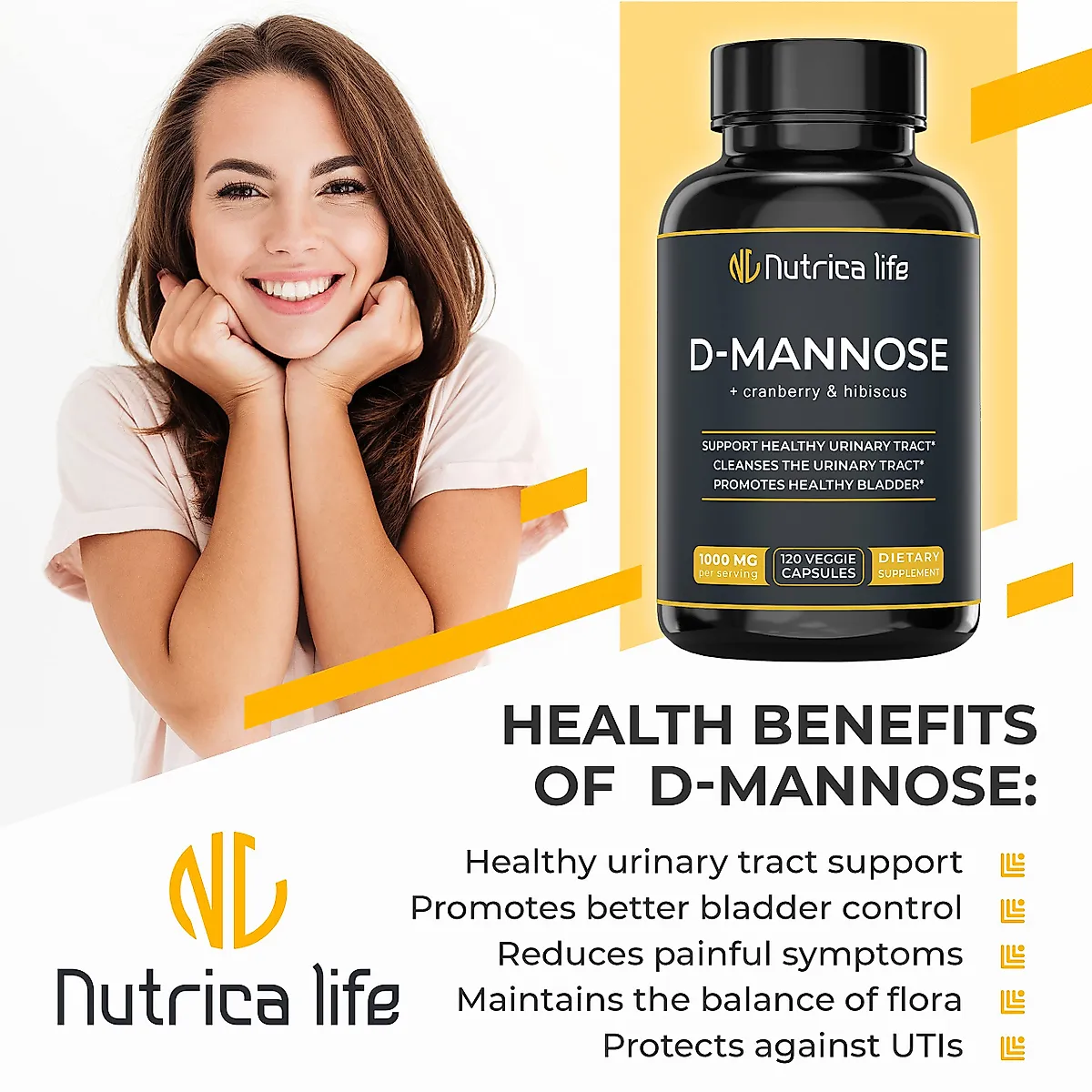 Nutrica Life Urinary Tract Infection Treatments D Mannose 1000mg Capsules - D-Mannose & Cranberry Pills with Hibiscus Extract - Strength Urinary Tract Health