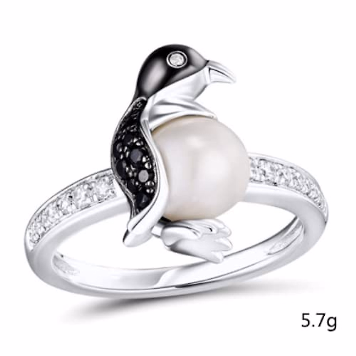 HUKQBUNX 925 Sterling Silver lovely exquisite Penguin diamond full diamond women's shiny natural freshwater pearl ring wedding engagement diamond ring size 6-10 (Size 10)