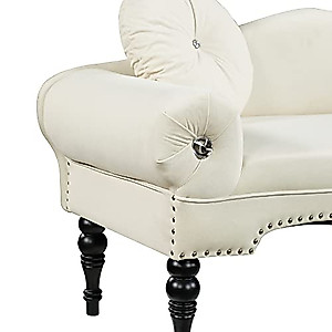 FIQHOME 54” Velvet Loveseat Sofa,Upholstered 2 Seater Couch Settee with 2 Round Pillows, Modern Love Seat with Nailhead Trim Roll Arm,Accent Bedside Entryway Window Bench for Living Room(White)