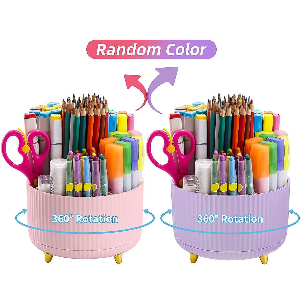 Marbrasse Desk Organizer, 360-Degree Rotating Pen Holder, Desk Organizers and Accessories with 5 Compartments Pencil Organizer, Art Supply Storage Box Caddy for Office, Home(Pink/Purple Random)