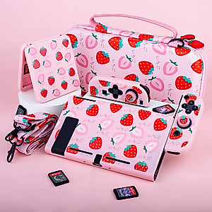 GLDRAM Pink Strawberry Carrying Case Bundle for Nintendo Switch Accessories, Cute Travel Case Kit with Soft TPU Cover, Game Case, Glass Screen Protector, Thumb Grip Caps, Shoulder Strap for Girls