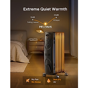 PELONIS Oil Filled Radiator Heater for indoor use Large Room Safe with Thermostat, 1500W Energy Efficient Quiet Space Heater, 3 Heat Settings, Overheat & Tip-Over, Black