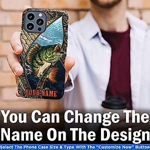 Personalized Bass Fish Fishermen Phone Case Custom Name Bass Fishing Leather Pattern Cute Protective Cover Customized Compatible with iPhone 14 12 13 11 Promax Samsung s23 s22 s21 s20 s10 Ultra