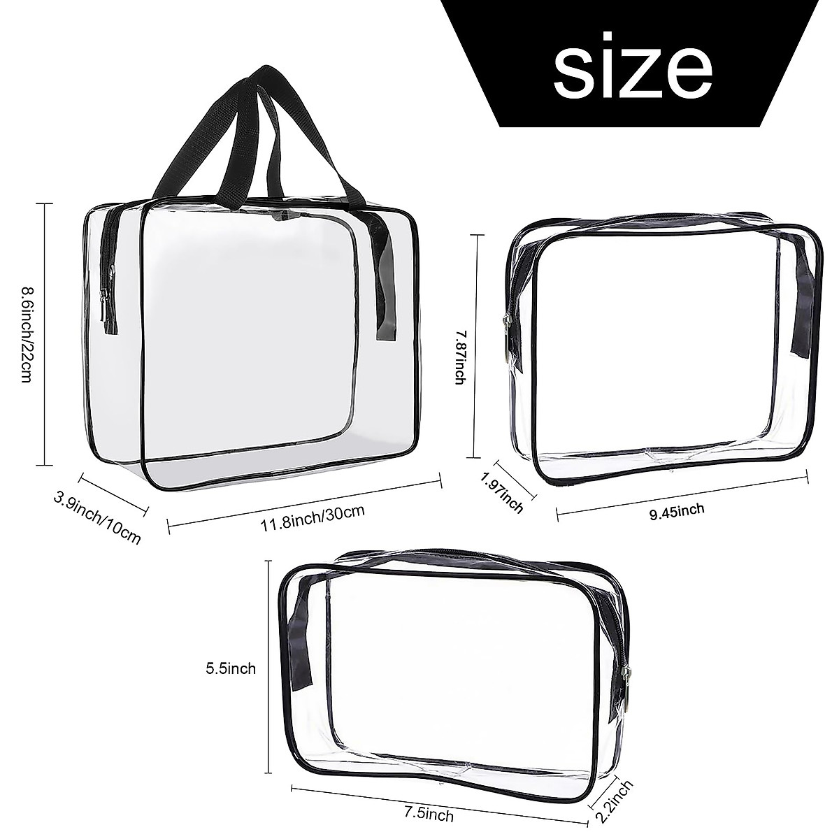 Clear Toiletry Bag Quart Size Bag Travel Makeup Cosmetic Bag PVC Toiletries Cosmetic Pouch for Women Men 3PCS (L+M+S)