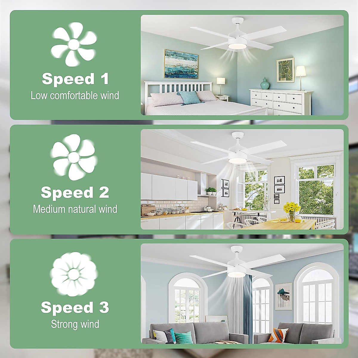 SNJ White Ceiling Fan with Light, 52" Ceiling Fans with Lights and Remote, Ceiling Fan for Indoor Bedroom, Dimmable, Quiet DC Motor, 4 Wooden Blades