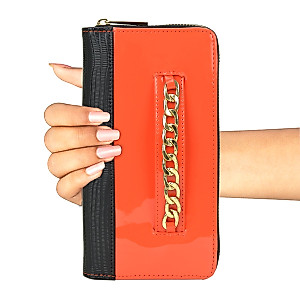 Dasein Gold Tone Chain Vegan Leather Zip Around Wallet Credit Card Purse - 12 Card Slots (8005 Orange)