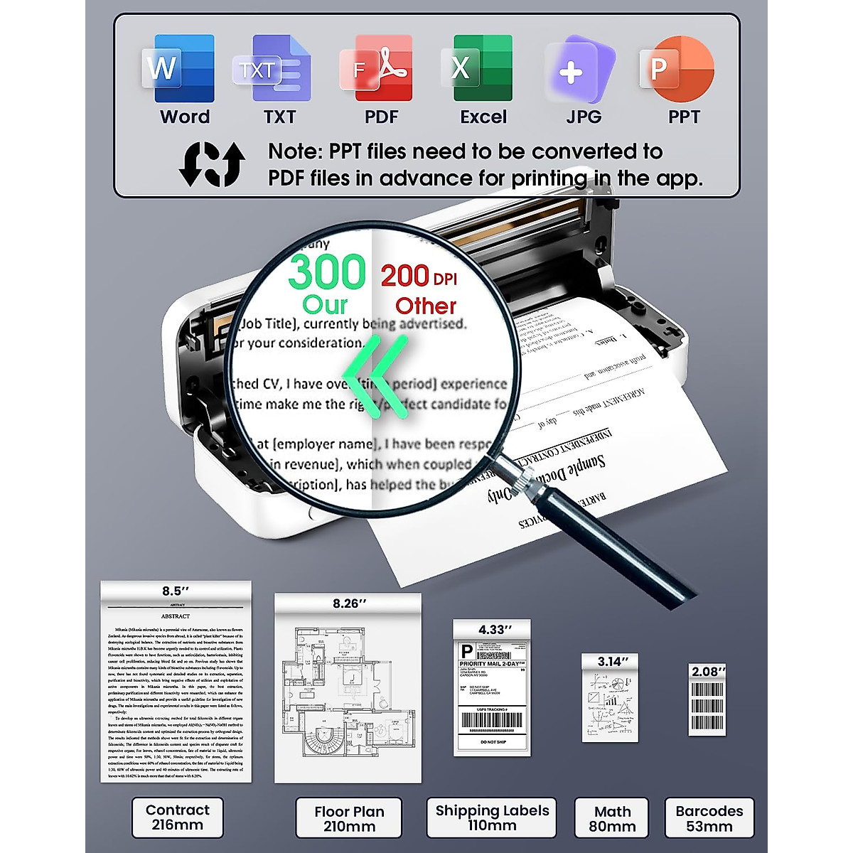 Portable Printer Wireless Bluetooth for iPad iPhone Android - A4 Inkless Laptop Printer for 2"/3"/4"/8.26"/8.5x11 Thermal Paper - 300DPI Mobile Printer for Vehicle Travel Home Office School Dorm