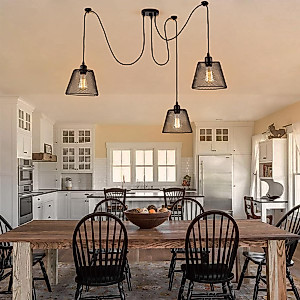 Modxian Farmhouse Retro spider Pendant Light Fixture, E26 Living Room Spider Light with Black Collapsible Metal Cage Lampshade, DIY Pendant Ceiling Light for Kitchen Island (Pendant Light)