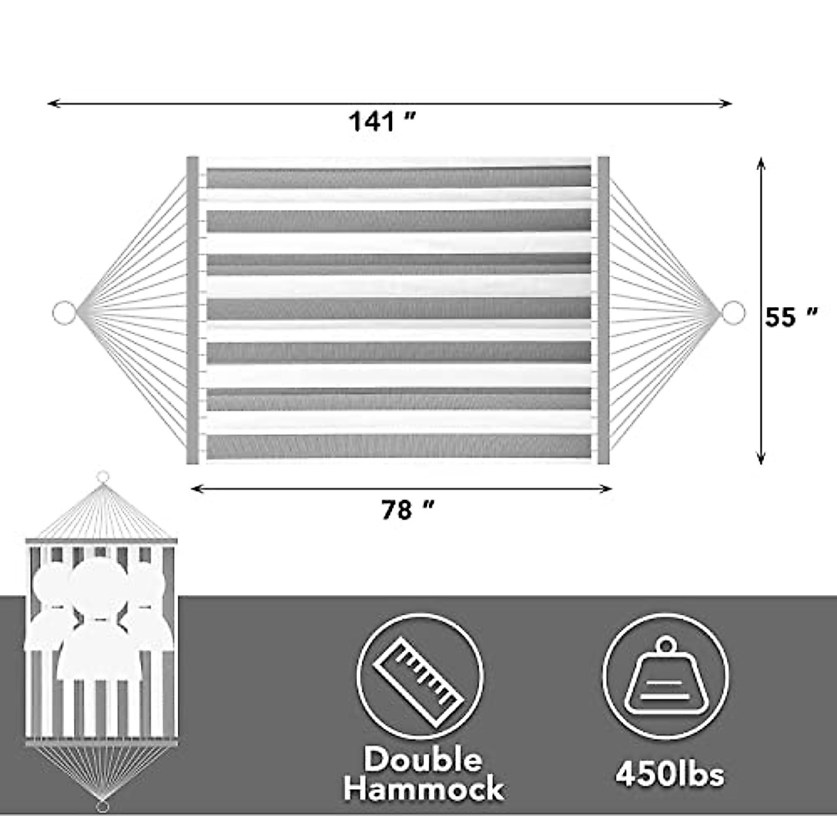 HARBOURSIDE 12FT Quilted Hammock with Spreader Bar, 2 Person Double Hammock with Pillow and Chains, Hammock for Indoor Outdoor, Bedroom Patio, 450 lbs Capacity，Black Stripe