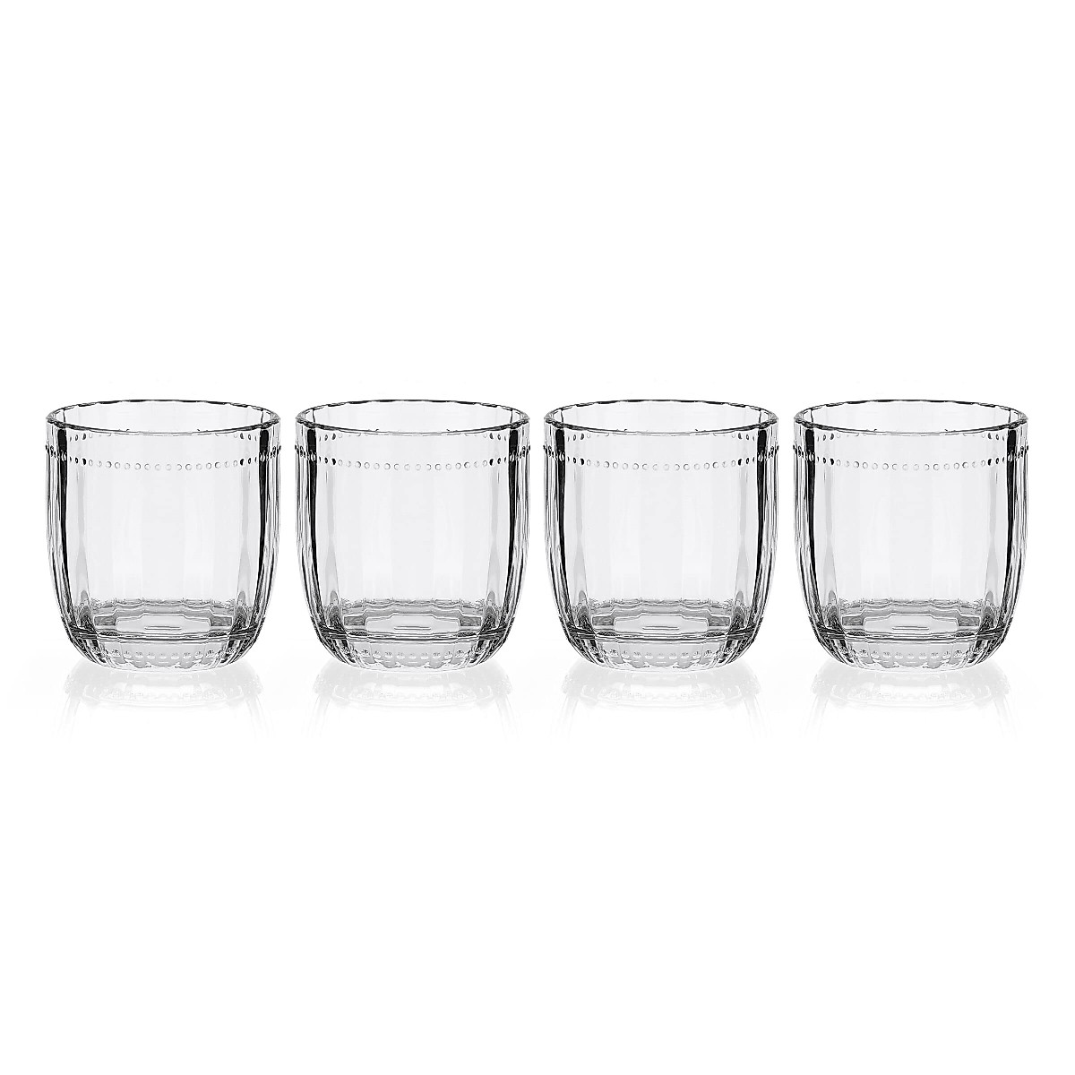 Everyday White by Fitz and Floyd Beaded Double Old Fashioned Beverage Rocks Glass, Set of 4, Clear
