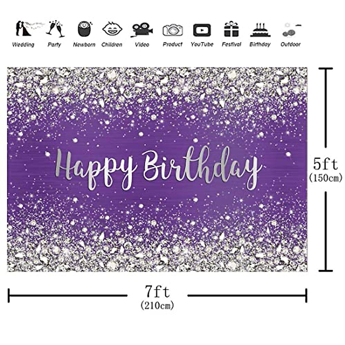 Aperturee 7x5ft Glitter Purple Diamonds Happy Birthday Backdrop Shinning Silver Bokeh Dots Women Girls Photography Background Sweet 16 Party Decorations Cake Table Banner Supplies Photo Booth Studio