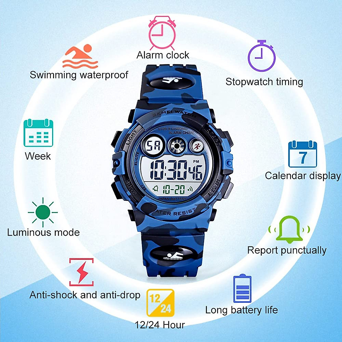 GOLDEN HOUR Watches for Kids Digital Sport Waterproof Boys Watch Outdoor 12/24 H Alarm EL Backlight Stopwatch Military Child Wristwatch Ages 3-15 (Camouflage Dark Blue)