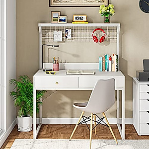 Tribesigns Computer Desk with Hutch,43 Inch Office Desk with Drawers,White Writing Desk Table with Art Display Grid Shelf,Desk for Home Office