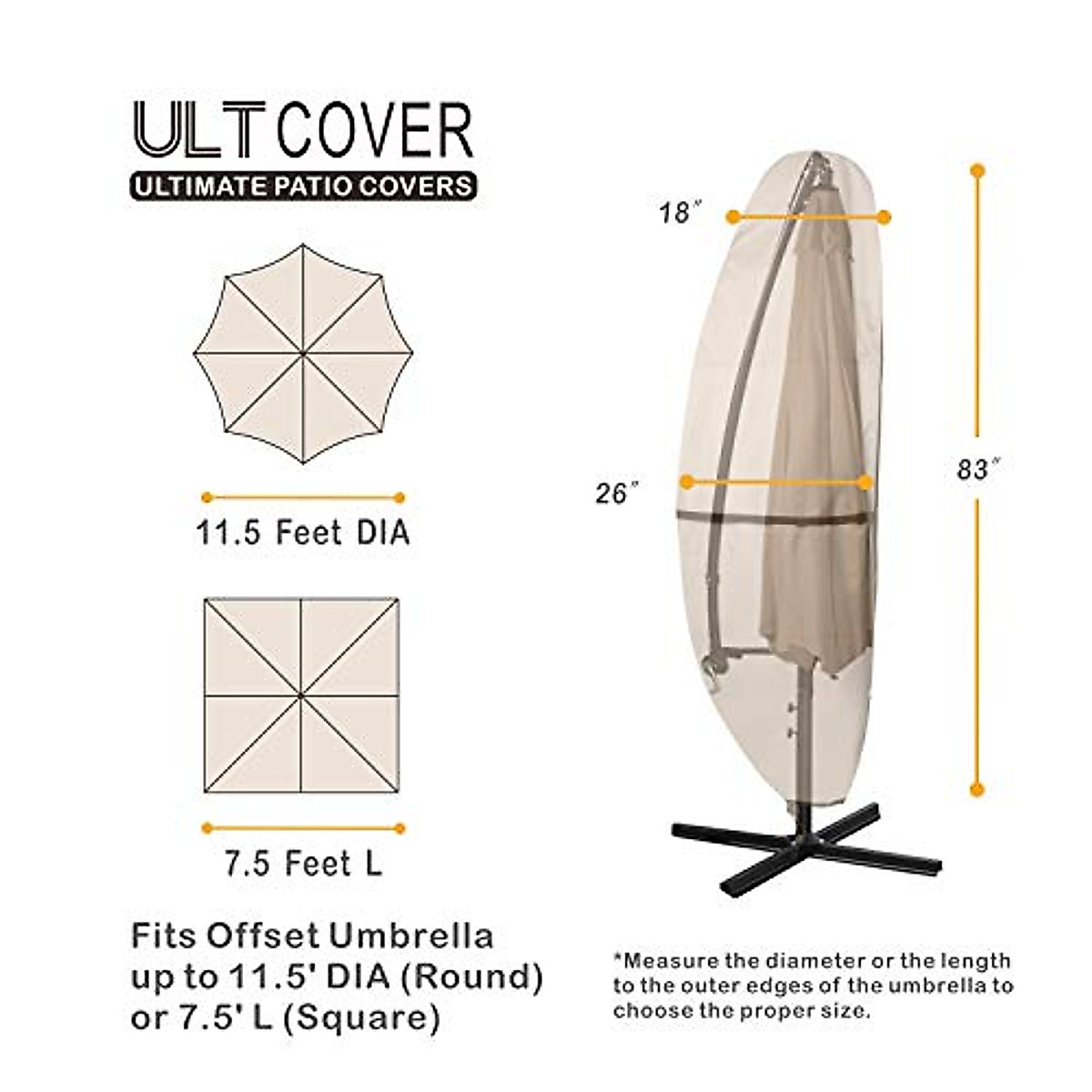 ULTCOVER Patio Umbrella Parasol Cover - 600D Waterproof Outdoor Offset Banana Style Umbrella Cover - Fits Cantilever Offset Umbrella 7.5-11.5 Feet