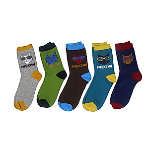 Wish Island Men's 5 Packs Animal Socks Cat Gifts Cute Fun Crazy Cotton Casual Crew Socks (Cat)