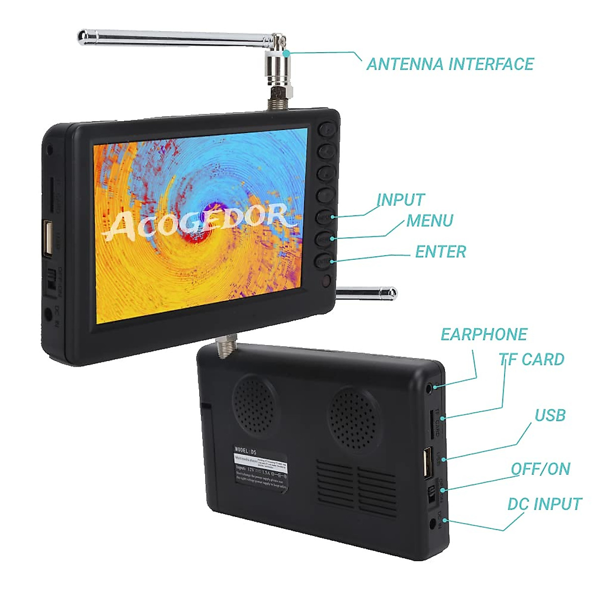Acogedor 5 Inch Portable TV, 1080P ATSC Pocket Digital Car TV, with 1500mAh Rechargeable Battery, Support USB, TF Card, Mini Digital Television for Camping, Kitchen