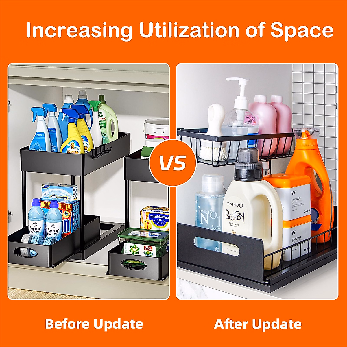 MZUOTU Under Sink Organizer and Storage, 2 Tier Pull Out Cabinet Organizer Sliding Shelf Cabinet Storage Multi-Use Slide L-Shape Under Sink Cabinet Drawer Organizer for Kitchen Bathroom