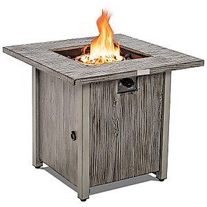 HAPPYGRILL 28” Propane Fire Pit Table, 40,000 BTU Outdoor Propane Gas Fire Table with Wood-Like Tabletop, Lid and Lava Rocks, Square Auto-Ignition Propane Firepit with PVC Cover