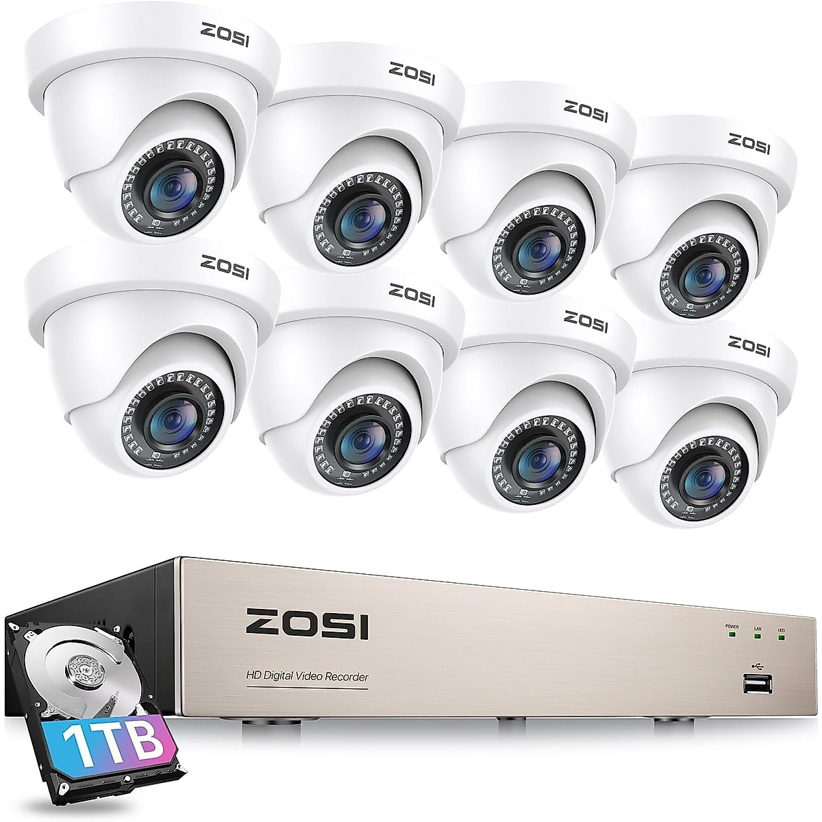 ZOSI 8CH Home Security Camera System Outdoor Indoor,H.265+ 8Channel 1080P DVR with 1TB HDD,8pcs Weatherproof Surveillance CCTV Dome Cameras,Night Vision,Motion Detection,for 24/7 Recording