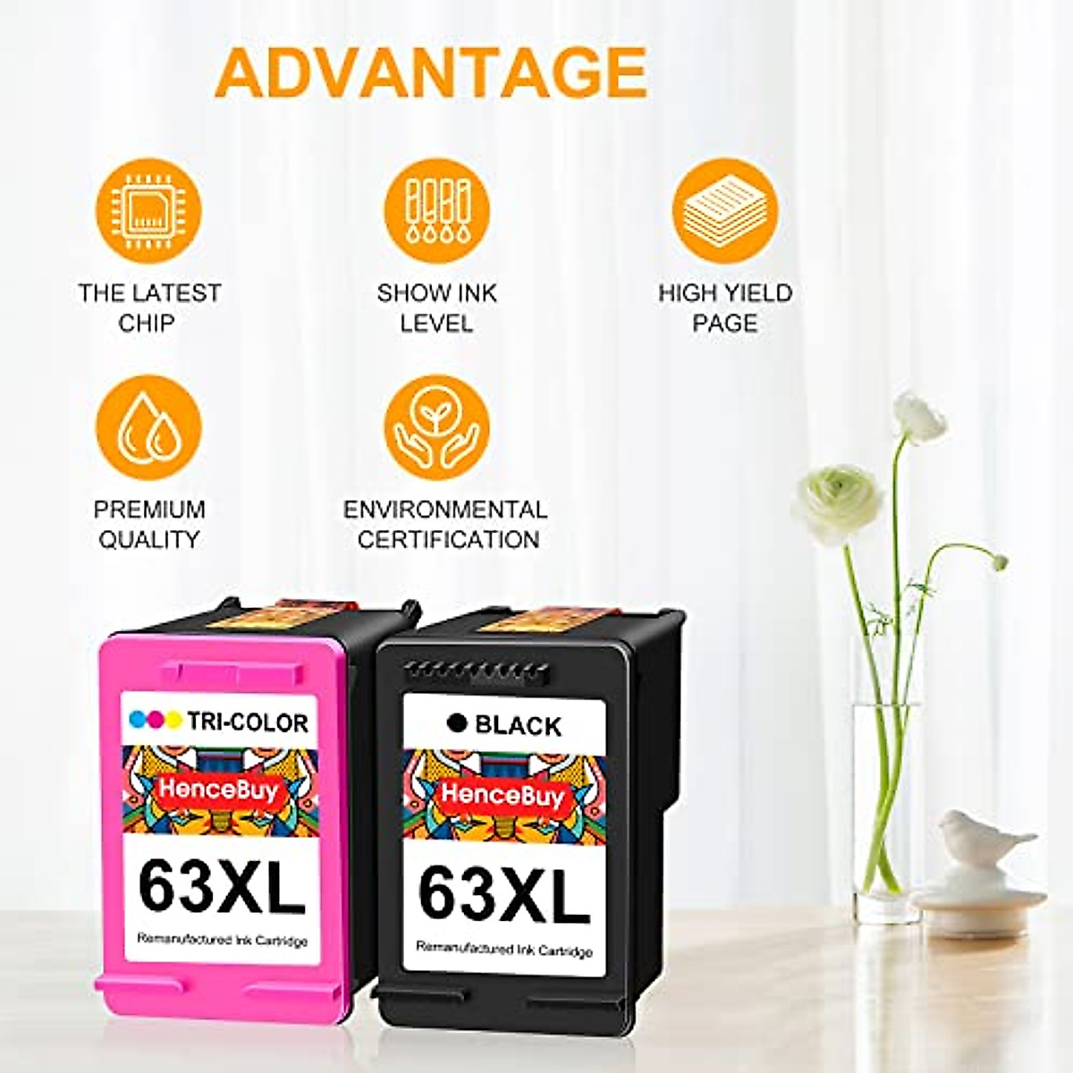 HenceBuy Remanufactured Ink Cartridge Replacement for HP Ink 63 63XL Ink Cartridges Black and Color for HP OfficeJet 3830 4650 5255 Envy 4520 4512 4513 Deskjet 1112 2130 Printer (1 Black 1 Tri-Color)
