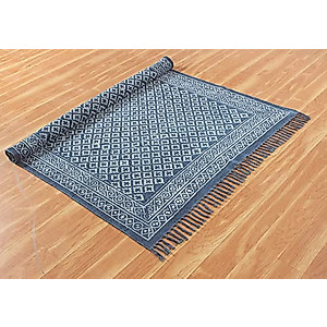 Indigo Blue Rug for Bathroom Handmade Cotton Durries Boho Kilim Rug Flat Weave Indoor Floor Decorative Rugs for Balcony Lounge Floor Bedroom Balcony