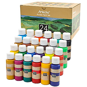 Artecho Acrylic Paint Set 24 Colors 2oz/59ml, Art Craft Paint for Art Supplies, Paint for Canvas, Rocks, Wood, Fabric and Ceramic, Non Toxic Paint for Artists, Students, Beginners and Adults