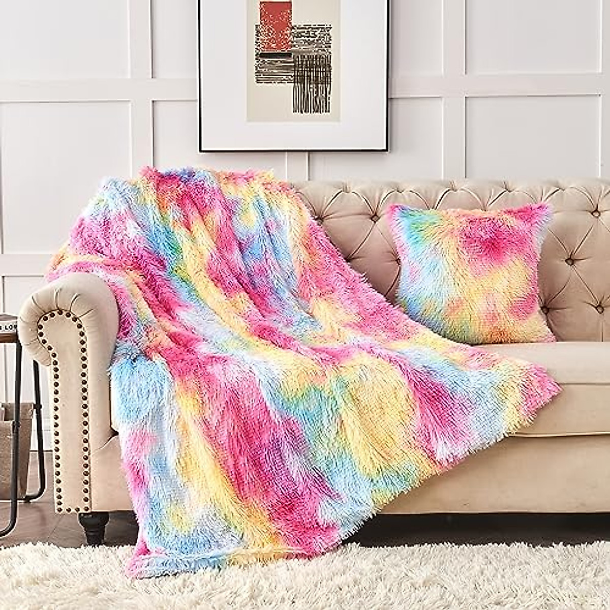 UOMNY Faux Fur Throw Blanket with Throw Pillow Cover Tie Dye Fluffy Blanket Set for Girls 50 x 60 Rainbow Plush Blankets for Couch Sofa Bed Teen Girl Gifts for Birthday Christmas Pink