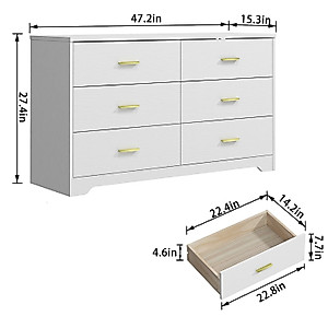 Modern 6 Drawer Wood Dresser, Wood Lateral Chest of Drawers Storage Organizer with Wide Drawers & Metal Gold Handles for Bedroom, Living Room, Hallway, Entryway