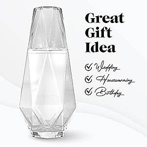 Fifth Avenue Crystal Modern Geometric Bedside Water Carafe with Tumbler- Elegant Pitcher and Matching Drinking Glass Doubles As Lid for Guest Room, Office (Clear)
