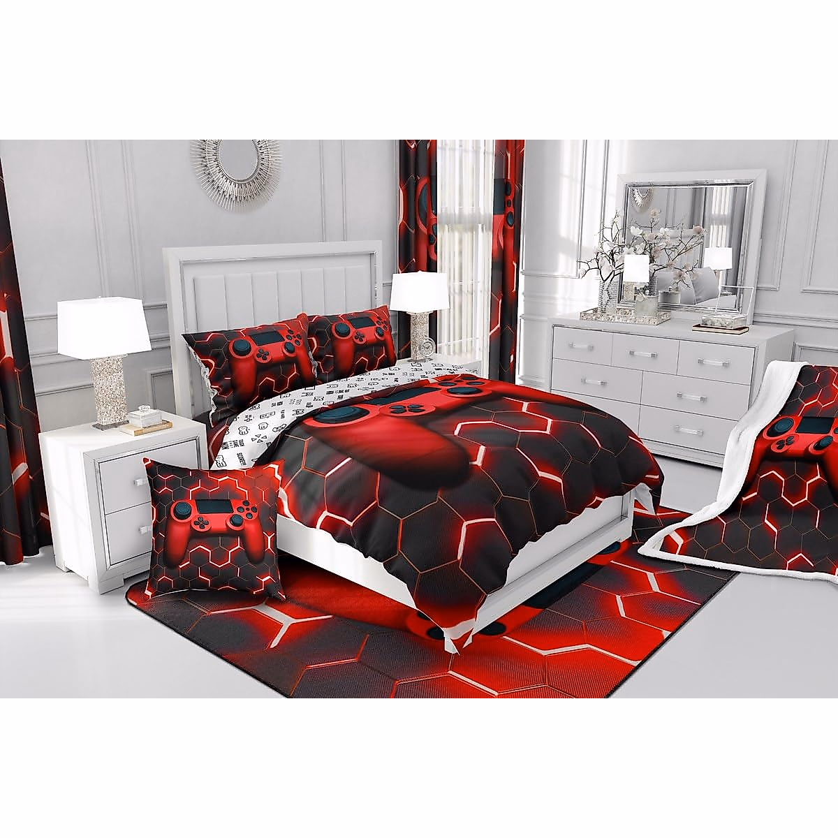 Erosebridal Full Size Boys Gamepad Comforter Cover,Modern Fashion Red Gaming Controller Printed Duvet Cover,Gamer Video Games Decorative 3 Piece Bedding Set with 2 Pillow Cases,Black