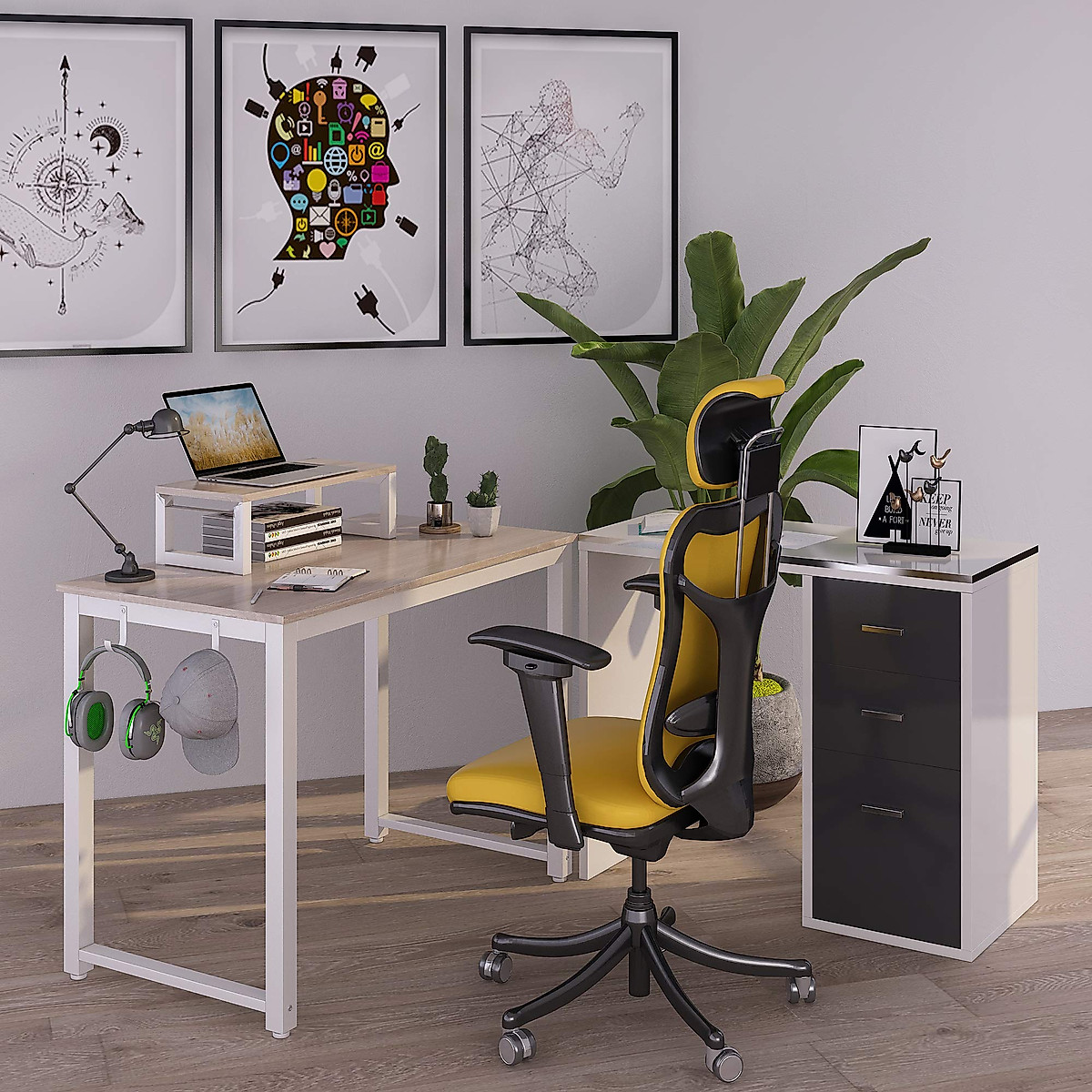 JSB Small Computer Office Desk 39" with Freely Move Monitor Stand and 4 Hooks, Study Writing Table PC Home Office Desk - Natural & White